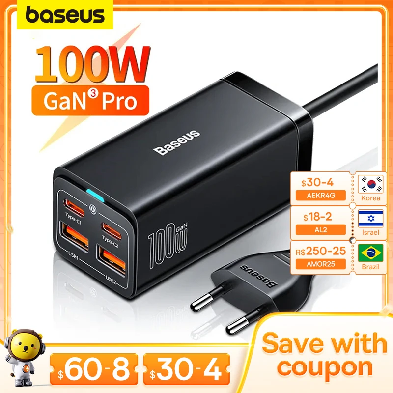 Baseus GaN3 100/ 65W ładowarka biurkowa szybkie ładowanie QC 3.04.0 USB ...