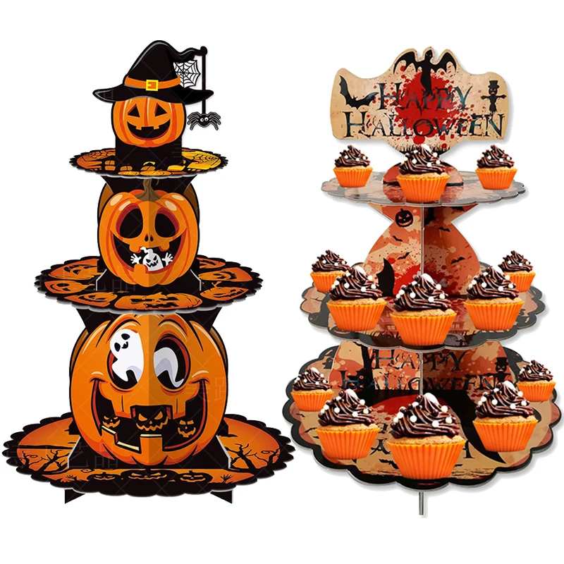 Halloween Cake Stand Pumpkin Bat Ghost Pattern 3 Tier Cardboard Cupcake ...