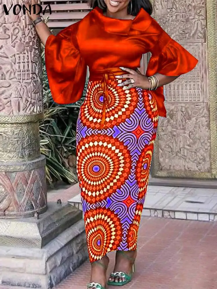 VONDA-Elegant-Women-Satin-Dress-Sets-2024-Autumn-Lapel-Flare-Sleeve ...