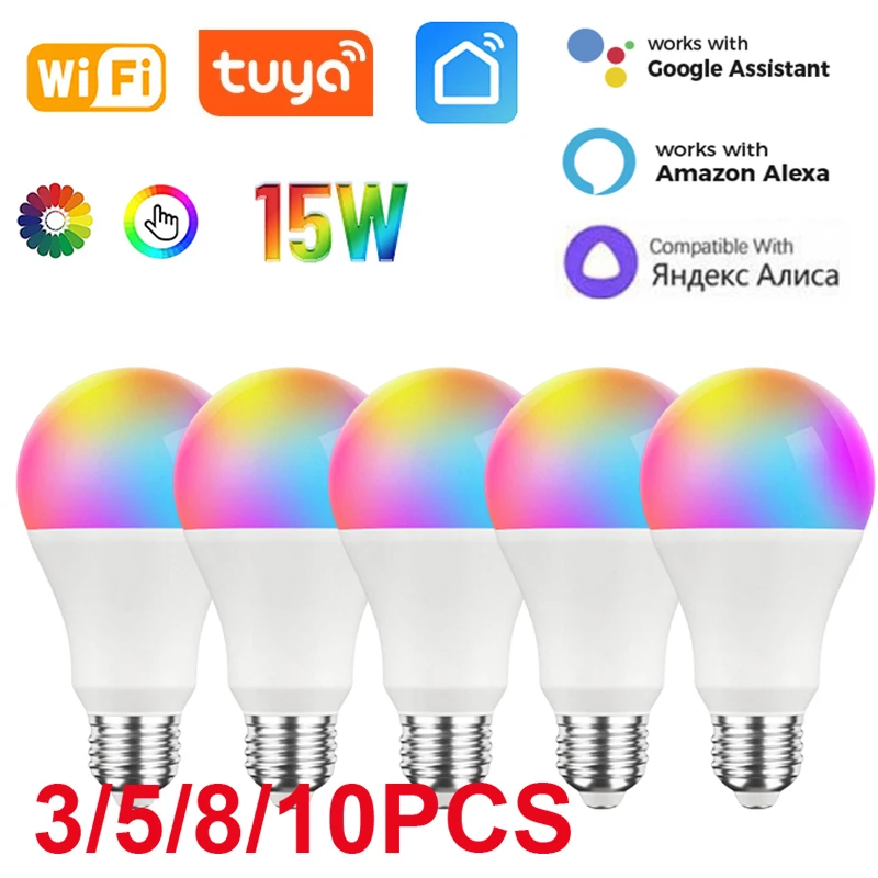 Tuya-Ampoule LED intelligente à intensité variable, lampe à commande vocale, WiFi, 15W, RGBCW ...