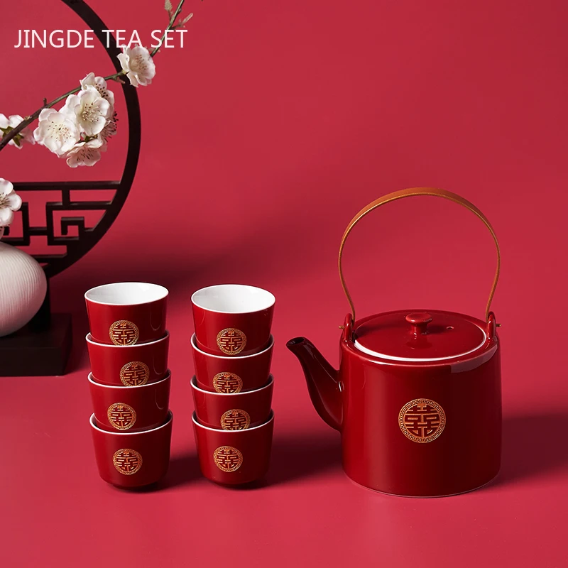 Red-Ceramic-Chinese-Wedding-Tea-Set-Exquisite-Porcelain-Teapot-and-Cup ...