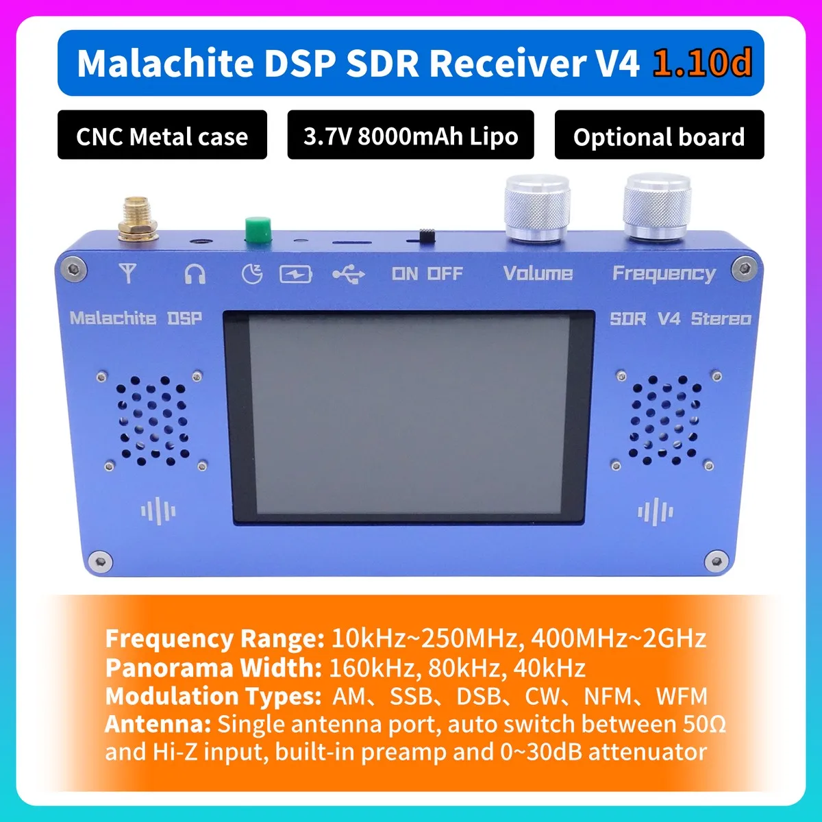 Malachite SDR DSP 1.10d Radio Receiver V4 Optional Board Metal Case 8000mAh AM CW SSB NFM WFM