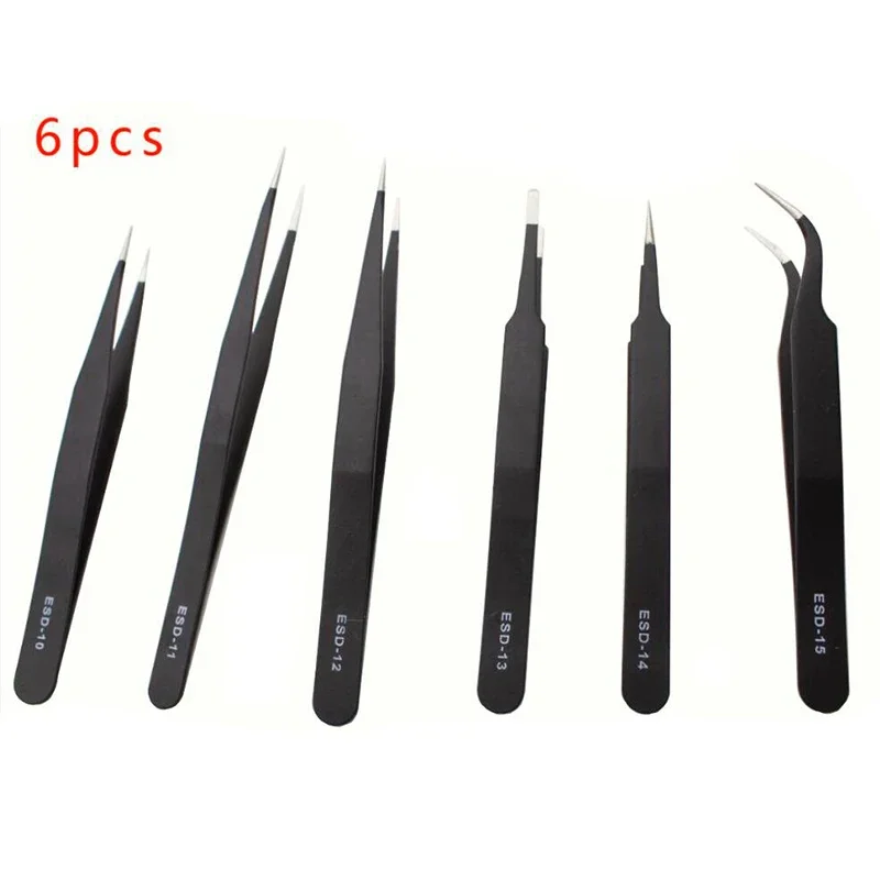 6Pcs-Electronics-Tweezers-Forceps-Anti-static-ESD-Tweezers-Set-Straight ...