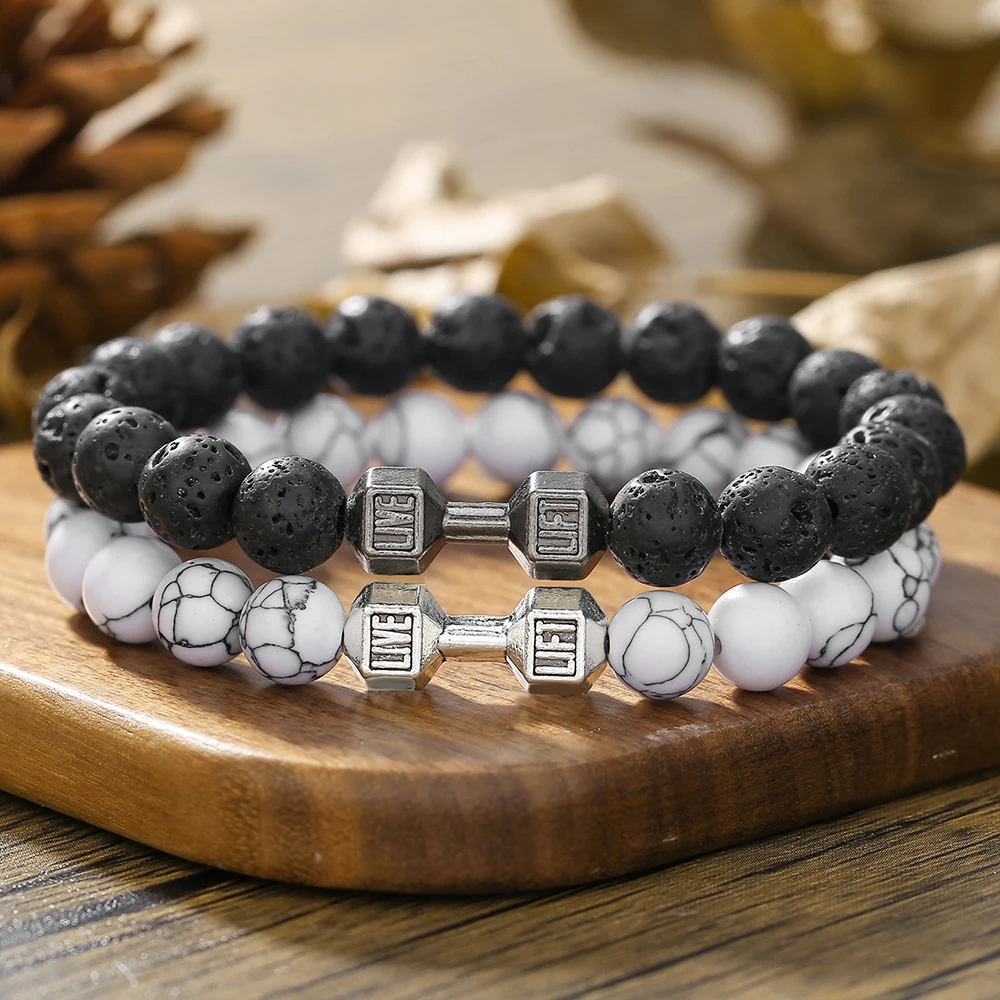 New-In-Beaded-Bracelet-Volcanic-Stone-White-Turpentine-Dumbbell-Hand ...