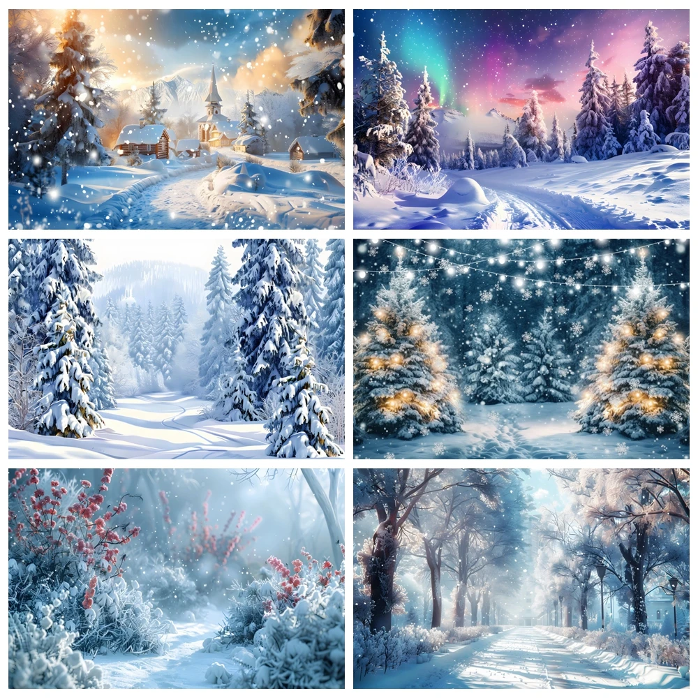 Christmas Winter Snow Scene Backdrop White Snowy Forest Tree Mountain ...