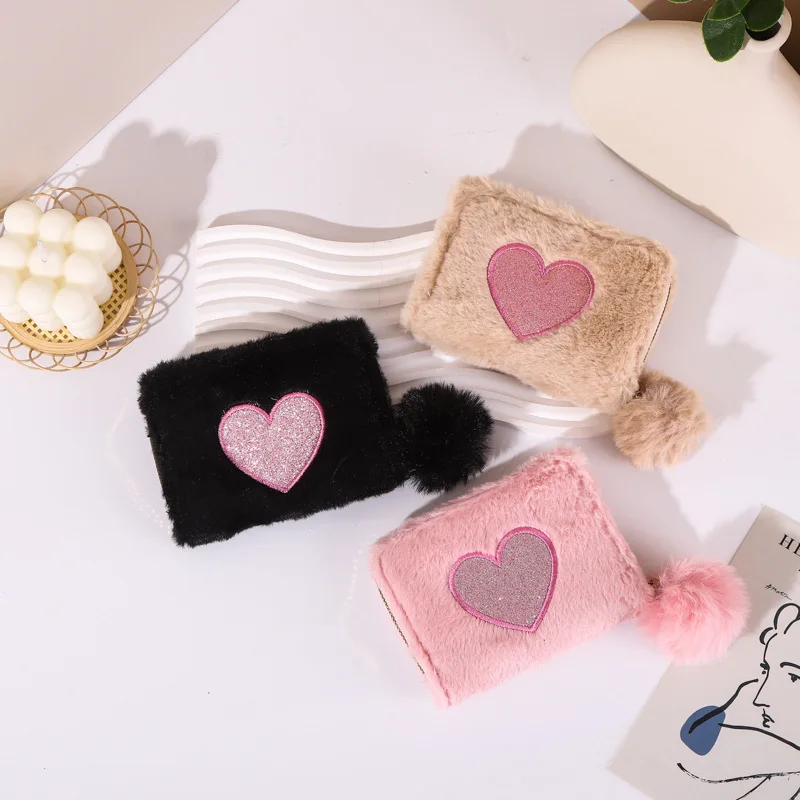 Girls Cute Plush Heart Print Wallet Children's Zipper Coin Purse with ...
