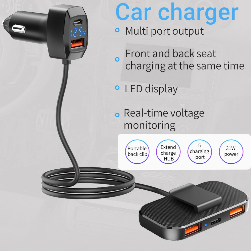 12-24V Car USB C Charger 5 Ports Multi-ports Extension Type C USB 3.1A ...