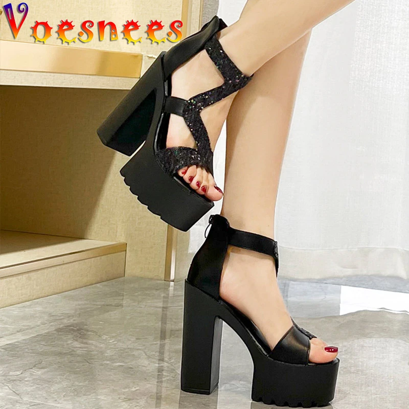 14CM Square Heel Women Platform Sandals Shiny Sequins Gladiator Stage ...