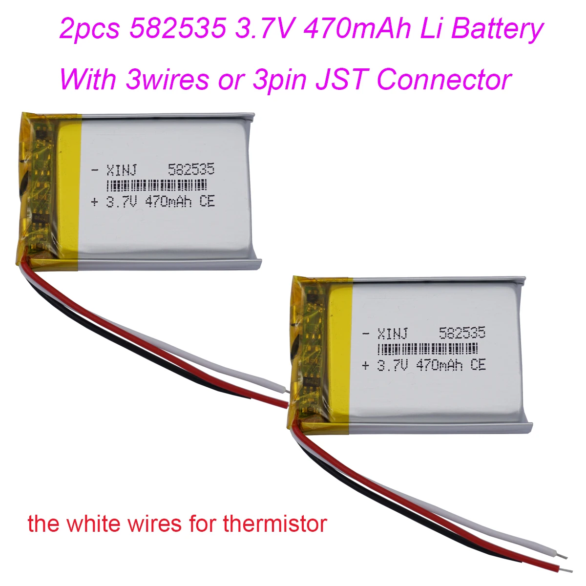 2pcs 3.7V 470mAh 1.74Wh Rechargeable Li Battery 582535 NTC 3 Wires JST ...