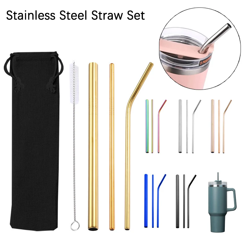 Reusable-Metal-Drinking-Straws-304-Stainless-Steel-Sturdy-Bent-Straight ...