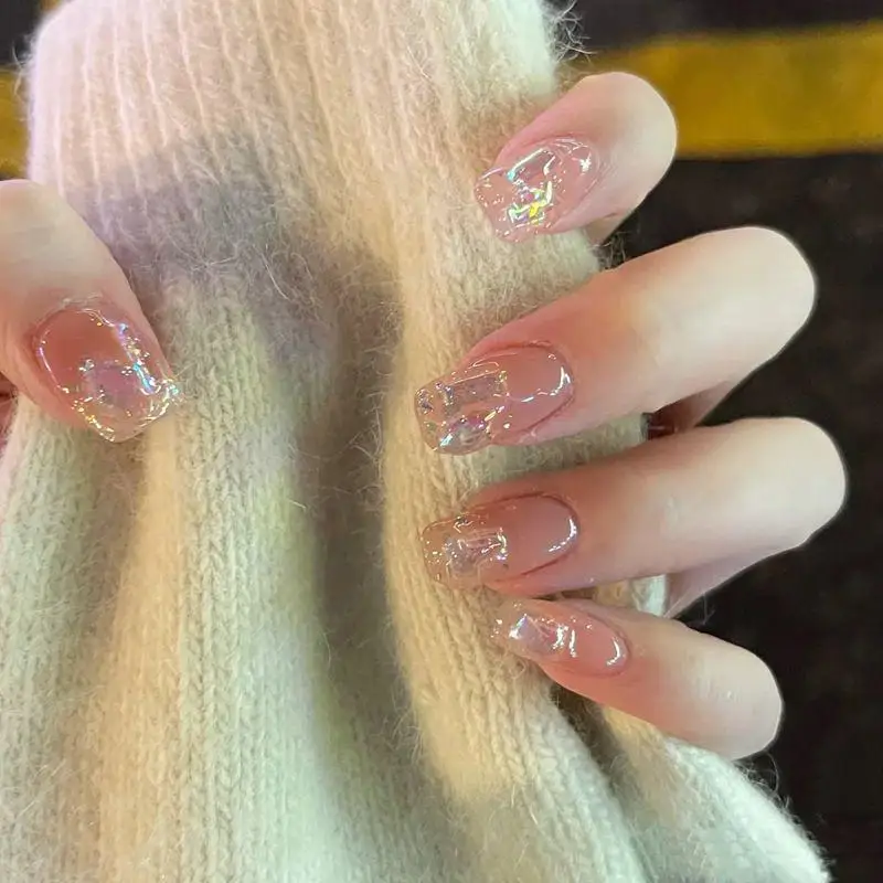 24Pcs-Fake-Nails-French-Clear-Pattern-Press-On-Nails-Elegant-Flash-Dril ...