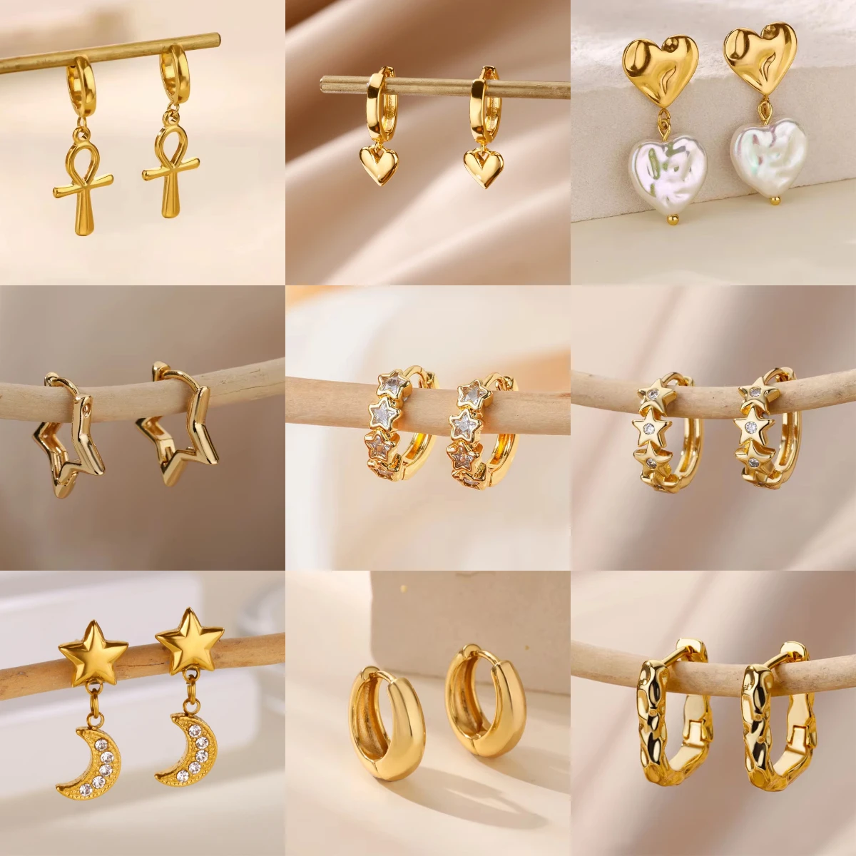 Cubic Zirconic Star Hoop Earrings For Women Gold Color Stainless Steel ...