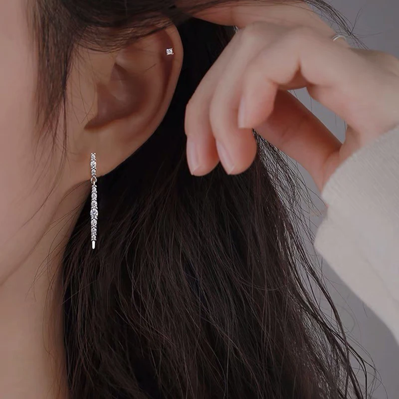 Summer 925 Sterling Silver Straight Line Long Earrings Sparkling Zircon ...