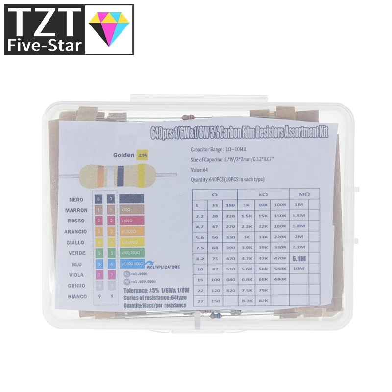 1-8W-5-640pcs-64-Values-1R-10MR-0-125W-Carbon-Film-Resistor-Assorted ...