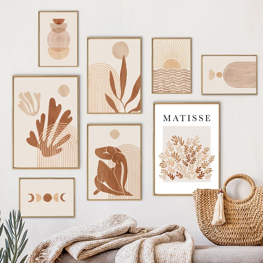 Peinture sur toile brune abstraite Boho Chic, montagnes (finition à la ...