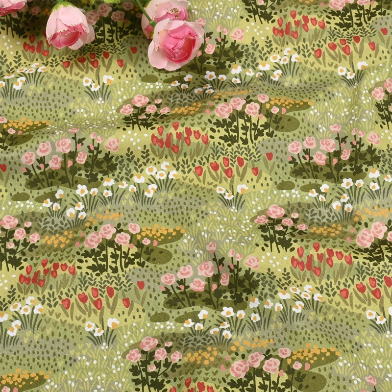 Half-Yard-100-Cotton-Plain-Fabric-With-Retro-Green-Little-Flower-Print ...