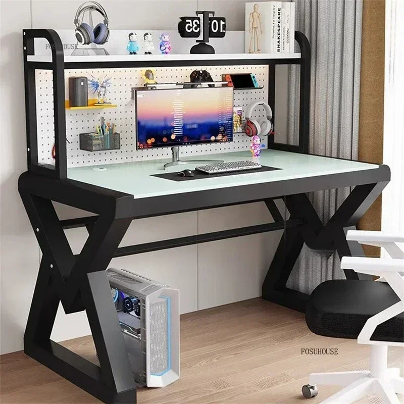 Modern Tempered Glass Computer Table With Bookshelf Integrated Writing ...