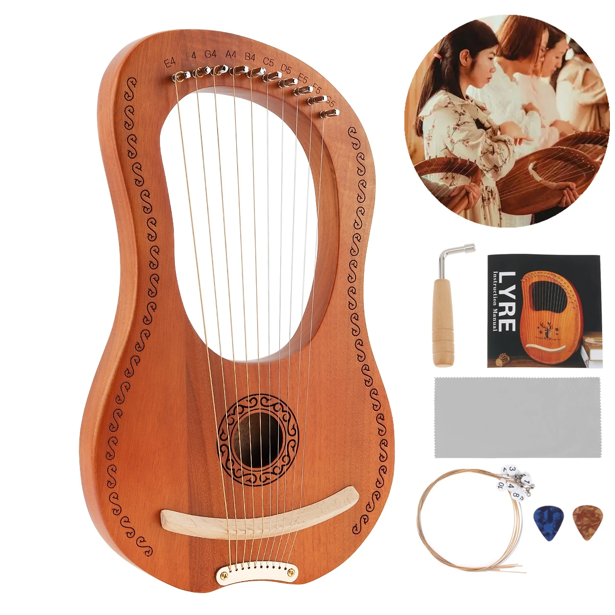 10-String-Lyre-Harp-Solid-Mahogany-Wood-Carving-Reindeer-with-Tuning ...