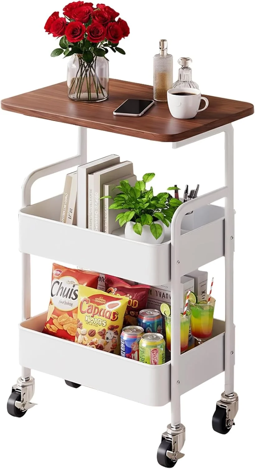 Three-Tier Metal Rolling Multi-Purpose Storage Cart with Walnut Wood ...
