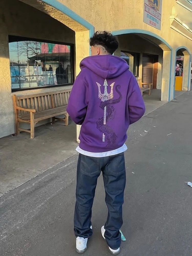 Y2k Rhinestone Graphics Devil Octopus Zip Hooded Sweatshirt Men's Hoodies Harajuku Goth ...