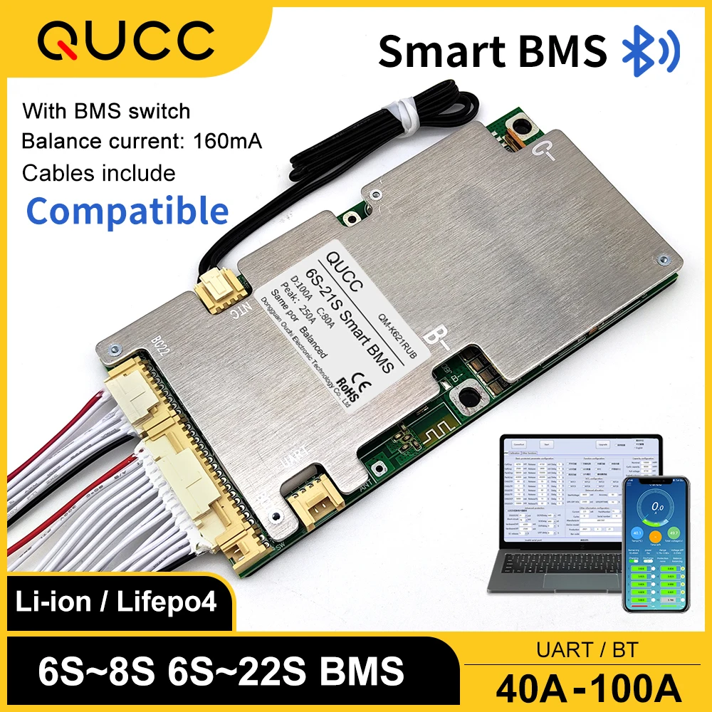 Qucc Smart BMS 8S 10S 12S 13S 15S 16S 20S 24V 36V 48V 100A Balance Board With Internal Bluetooth ...