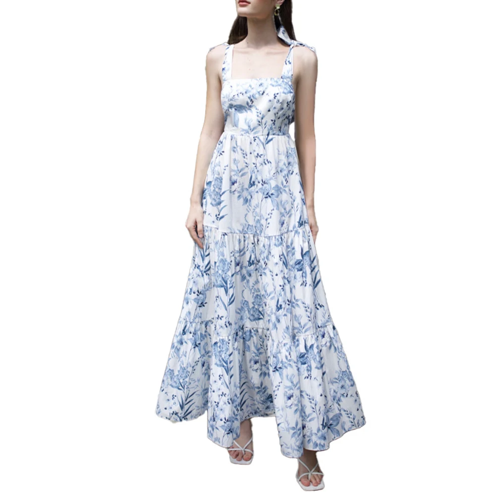 Sexy Spaghetti Strap Floral Print Boho Maxi Dress Backless High Waist
