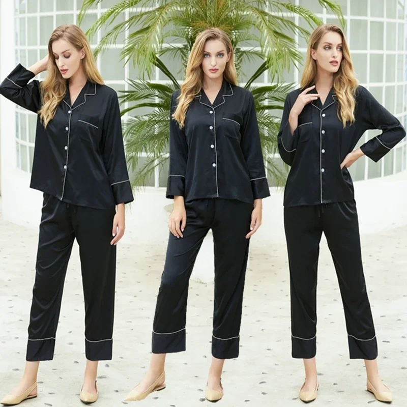 Long-Sleeve-With-Pants-Black-Spring-Pajamas-Set-2Piece-Autumn-Women ...