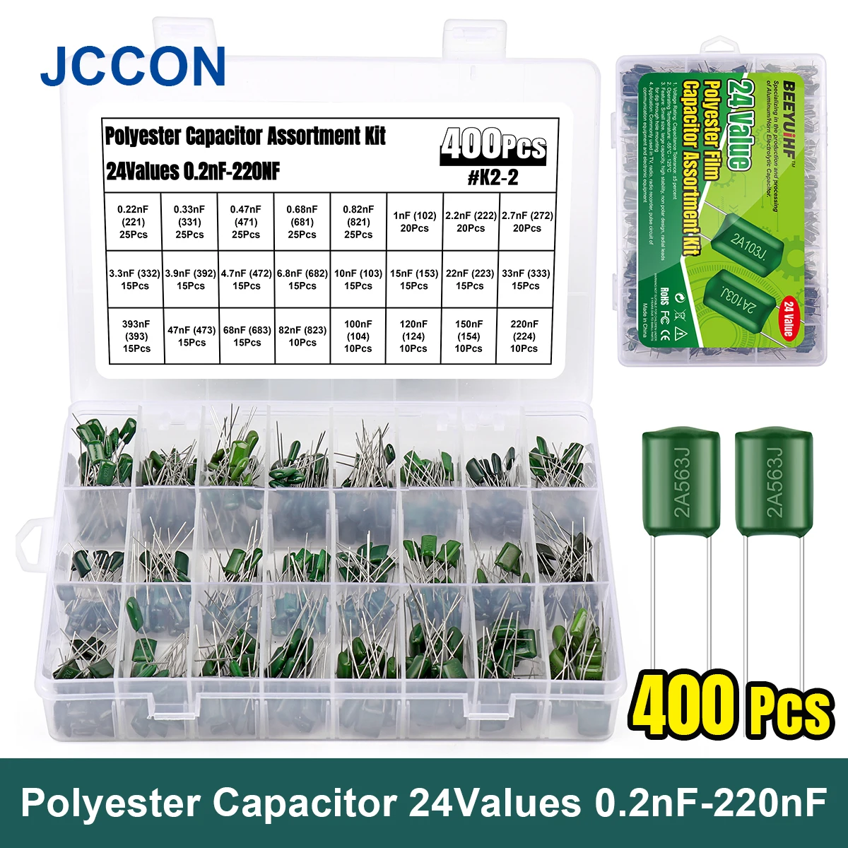 400Pcs-JCCON-Polyester-Film-Capacitor-Assortment-Kit-24Values-0-2nF ...