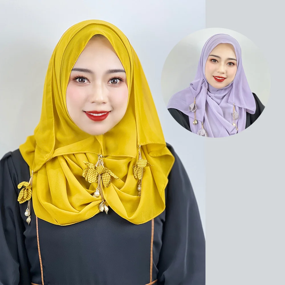 Muslim-Chiffon-Plaid-Hijab-Solid-Color-Hijab-Ladies-Long-Dress-Sweet ...