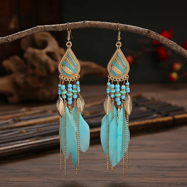Boho Long Feather Dangle Women's Earrings Beach Long Tassel Beads ...