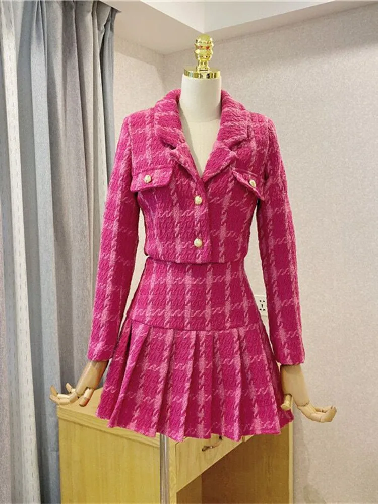 Autumn-Winter-Vintage-Tweed-Two-Piece-Set-Women-Crop-Top-Woolen-Short ...