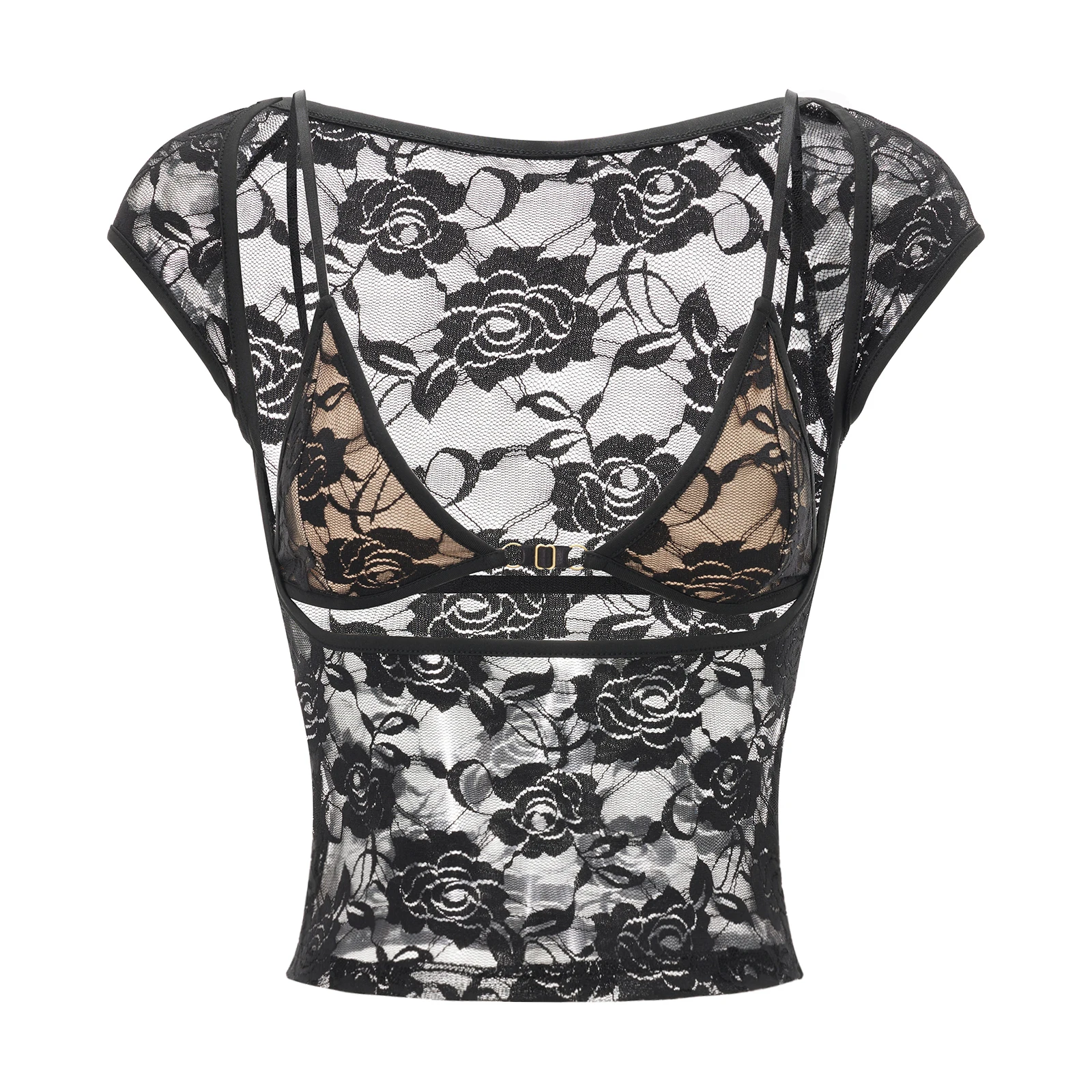 Women's 2 Piece Tops Sets Lace Floral Short Sleeve Low Cut Slim Fit ...