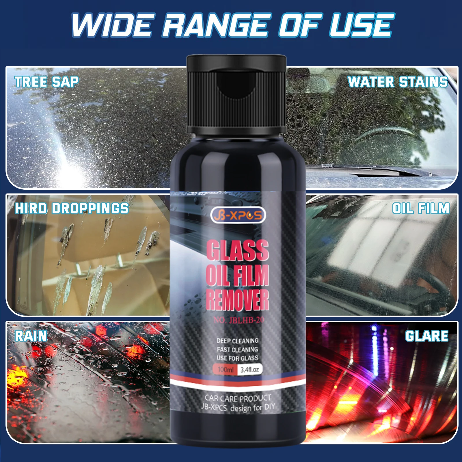 자동차 유리 오일 필름 제거 페이스트 스트리퍼 발수 키트, 코팅 제거, 물 얼룩 왁스 오일 JB-LHB 20