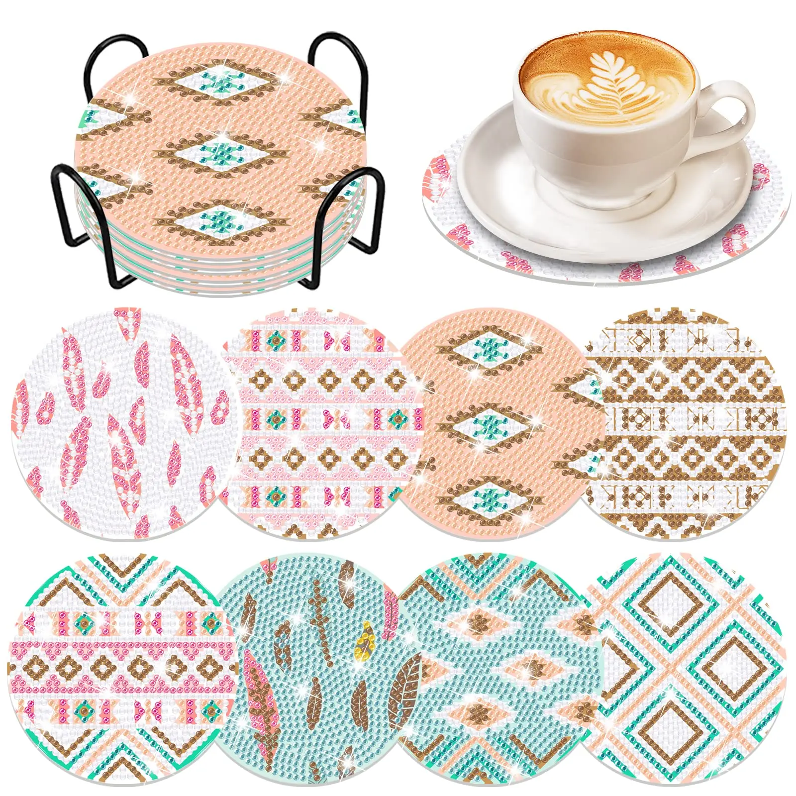 8-Pcs-Boho-Diamond-Painting-Coasters-Kits-with-Holder-DIY-Boho-Diamond ...