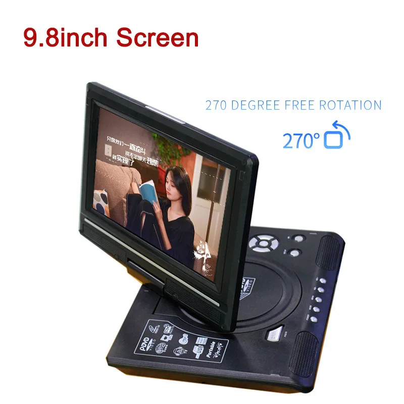 9.8 Inch Portable DVD Player Home Car VCD CD TV Player USB 270° Swivel ...