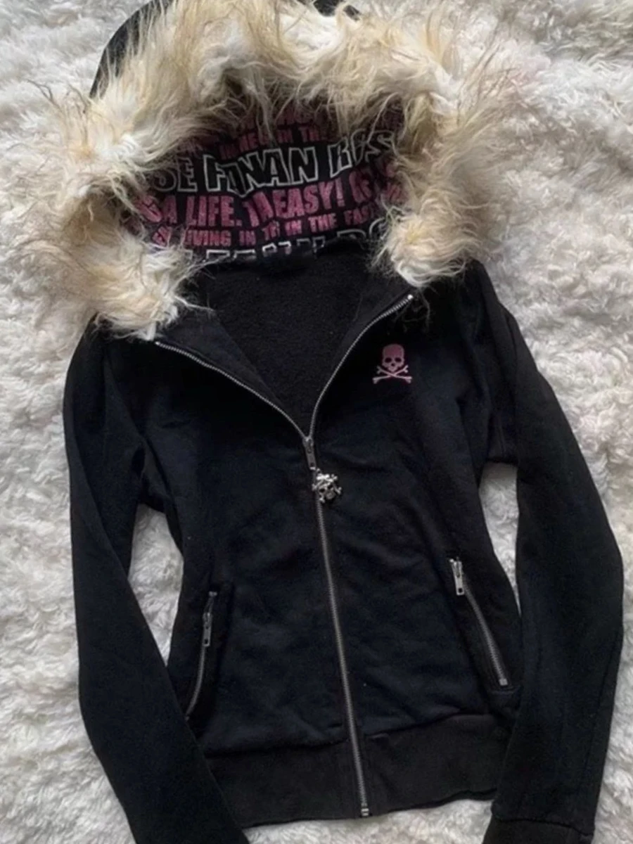 Y2K Black Fur Collar Zipper Sweatshirt Hoodie Sexy Women Sweatshirt ...
