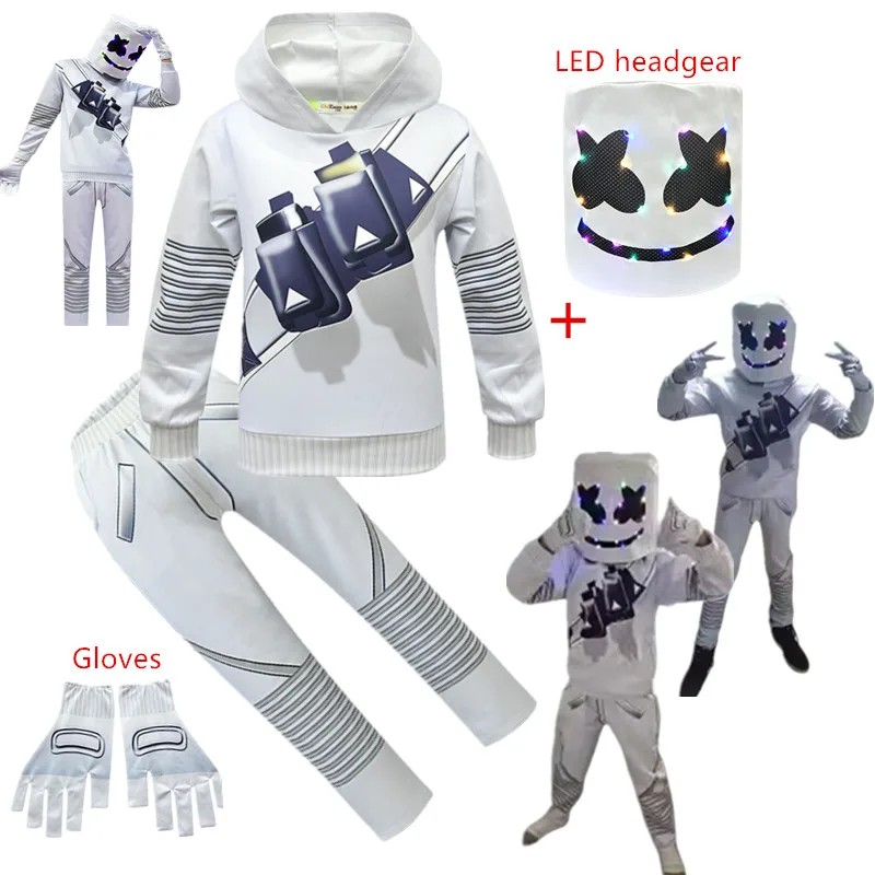 New LED Marshmallow Cosplay Kids DJ Halloween Costume Mask Gloves Boys ...