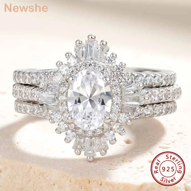 Newshe Genuine 925 Sterling Silver Sunflower Engagement Rings With Enhancer Wedding Band Oval ...