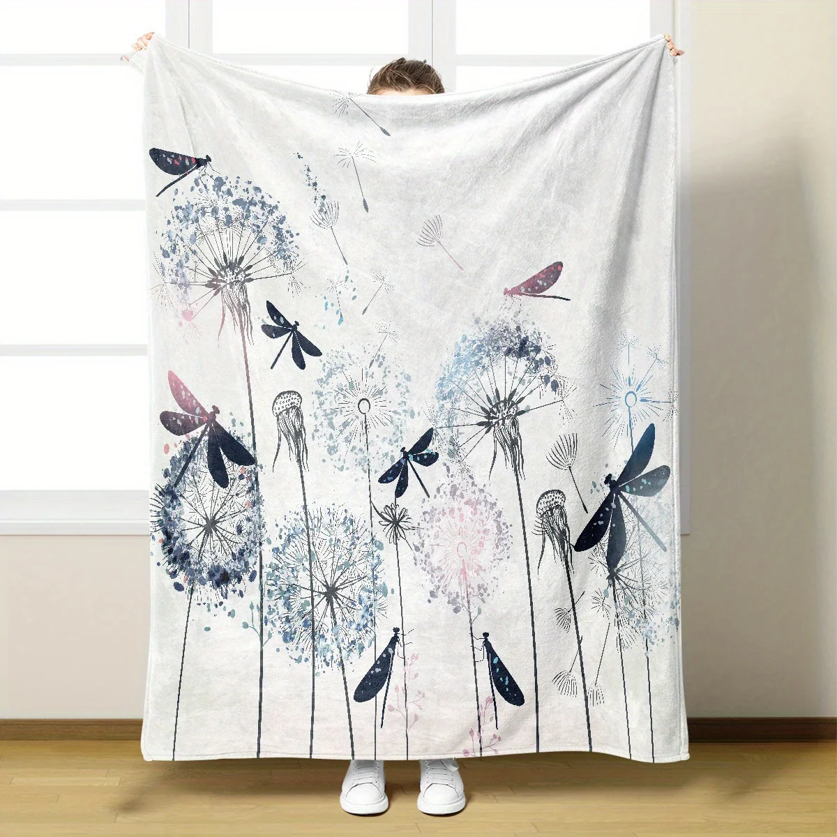 Large Dragonfly and Dandelion Flannel Blanket - BlueMerchiez