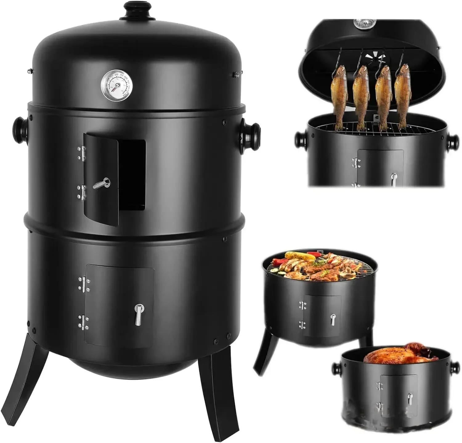 3in1 Vertical Ø45cm Charcoal BBQ Smoker, Heavy Duty Round Smoking Grill ...