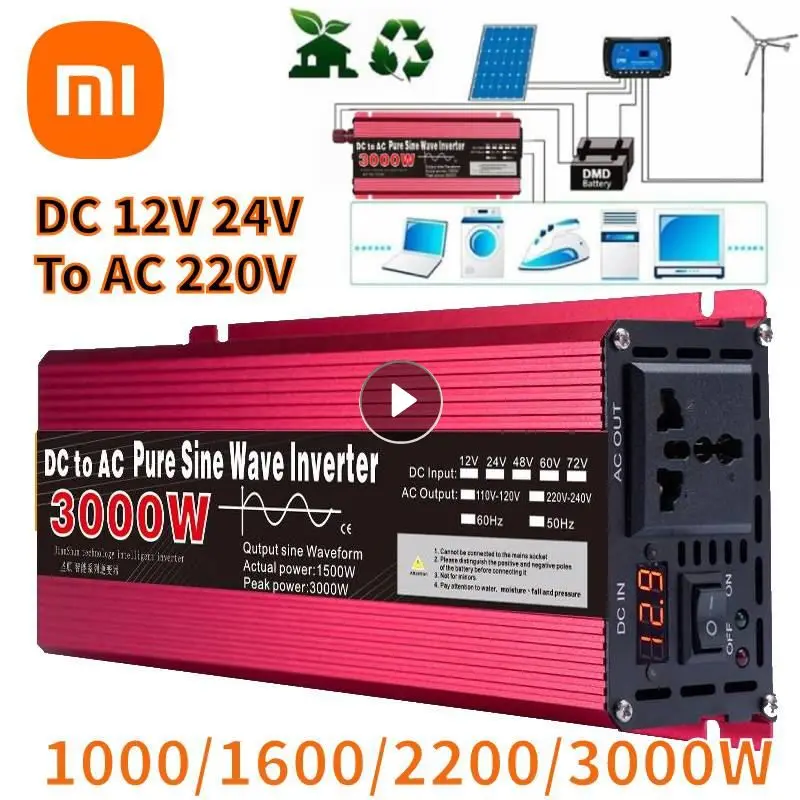 Xiaomi 1000/1600/2200/3000w inversor de onda senoidal pura dc 12v 24v para ac 220v transformador ...