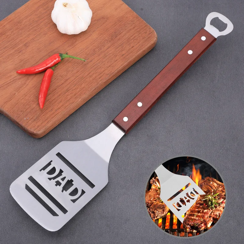 Oak Handle BBQ Frying Spatula with Bottle Opener Home Outdoor BBQ ...