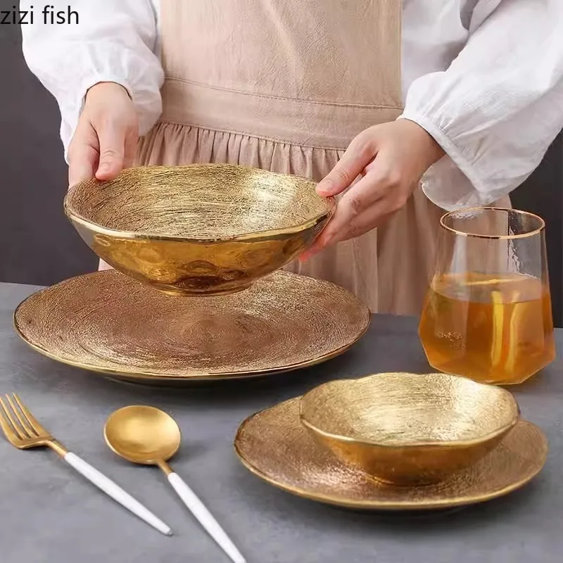 Frosted-Golden-Ceramic-Dinner-Plate-Steak-Plate-Pasta-Plate-Salad-Bowl ...