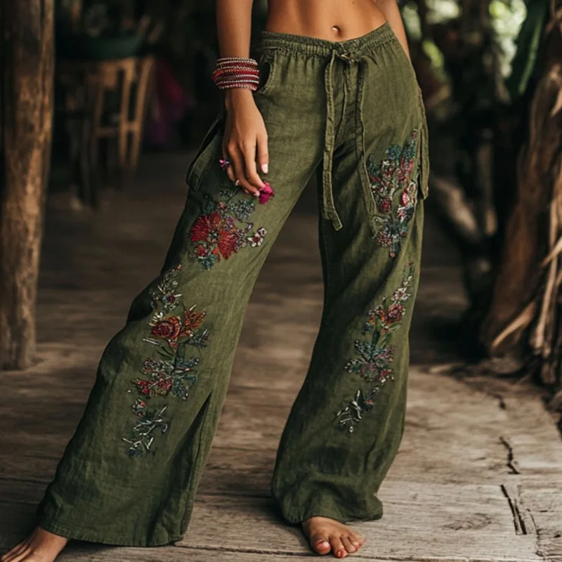 Women's Vintage Boho Wide Leg Pants High Waist Loose Casual Trousers ...