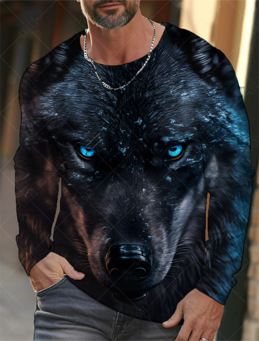 Vintage Men's Long Sleeve T-Shirt 3d Print Shirts Fashion Animal Wolf ...