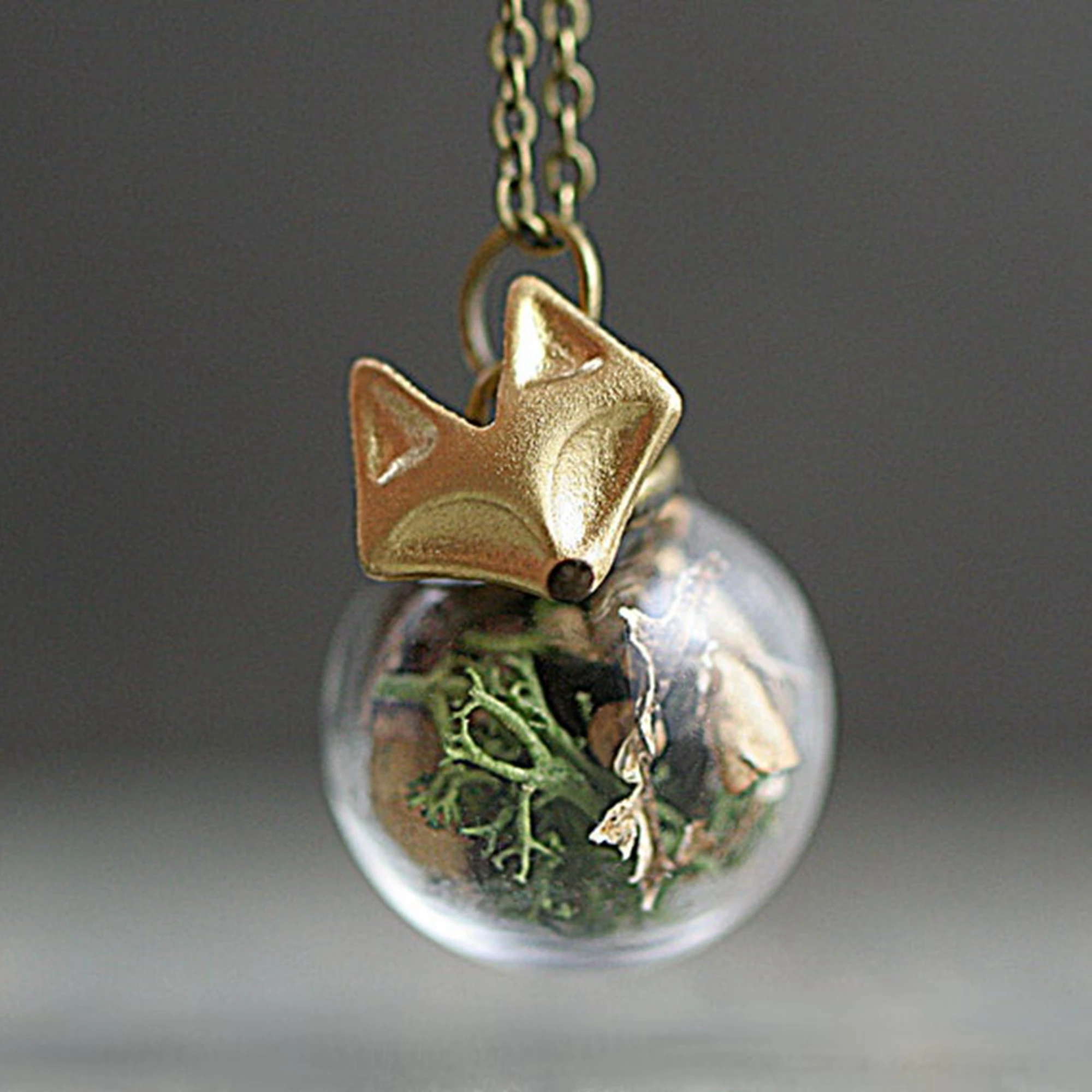 FOREST FOX Necklace Handgilded fox head Glass orb with real moss and ...