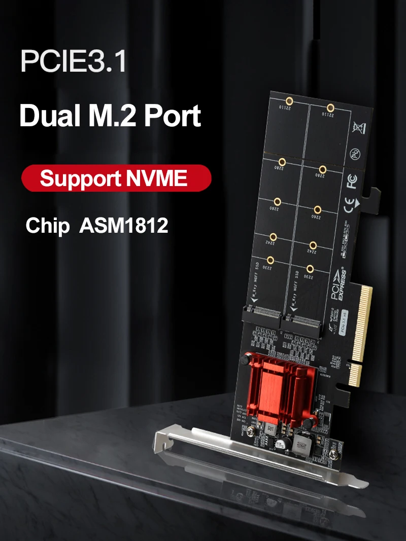 PCIe 3.1 X8 칩 asm1812 2 포트 M.2 NVMe SSD 어댑터 확장 카드 듀얼 M 키 Nvme 컨버터 확장 라이저, m2 pcie|추가 카드 ...
