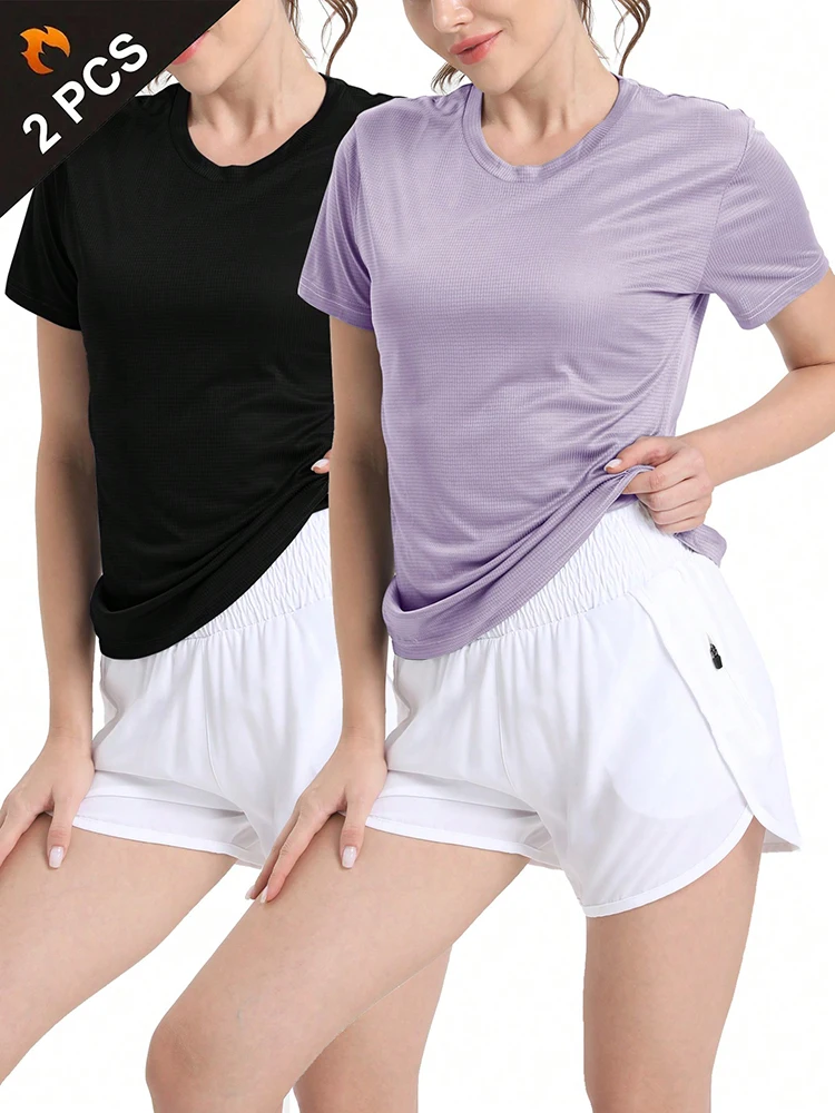 2Pcs Women's Solid Color Ultralight Quick Dry Sport T-Shirt, Breathable ...
