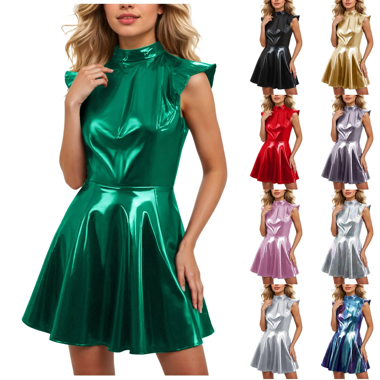 Women's Shiny Dress Holographic Solid Glossy Turtleneck Pleated Dress A ...