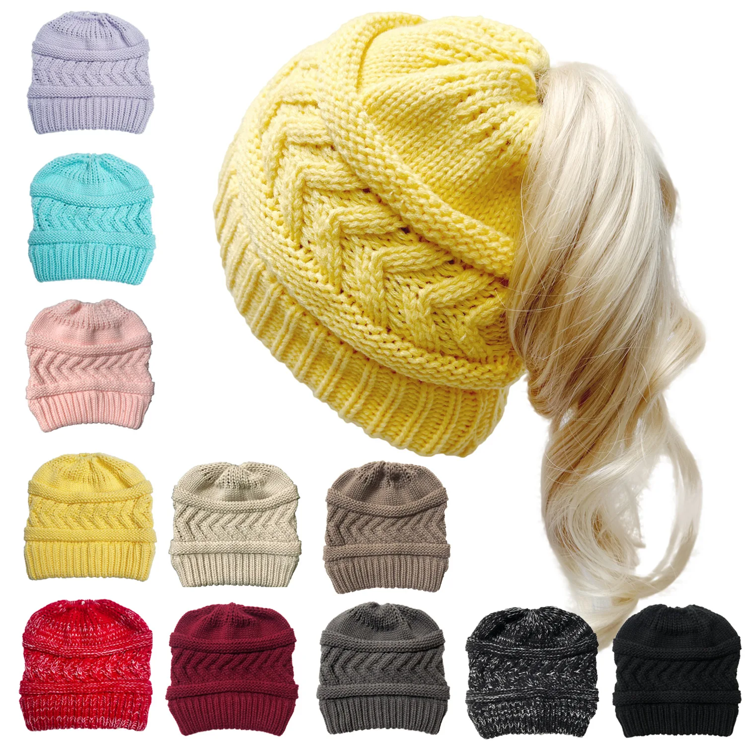 Gorro-de-punto-con-cola-de-caballo-para-mujer-gorro-c-lido-de-Color-s ...